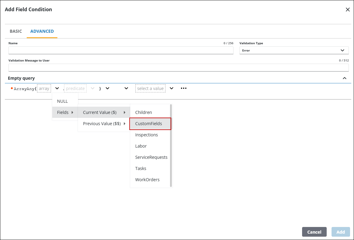 Configure Work Order and Service Request Category Custom Field Conditions