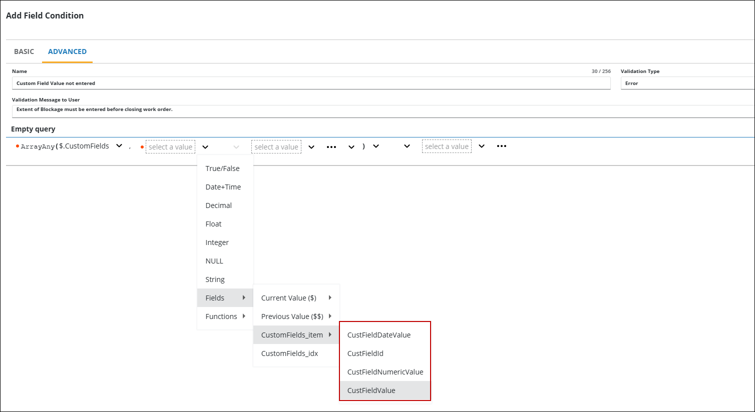 Configure Work Order and Service Request Category Custom Field Conditions