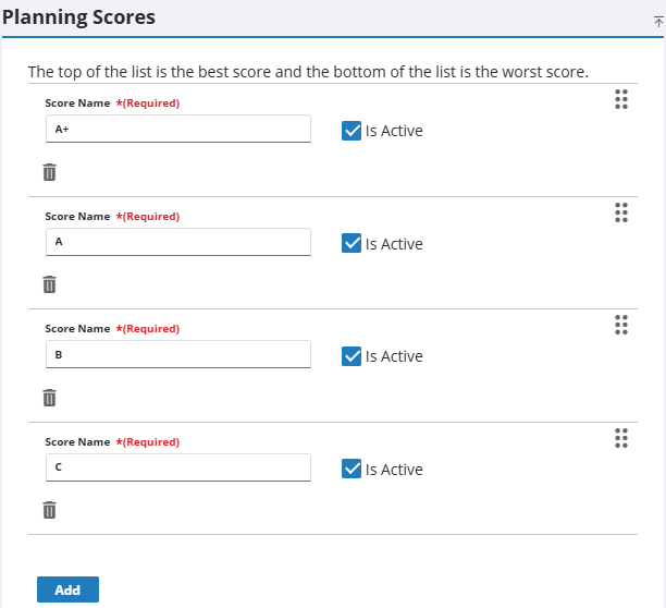 Configure Planning Score Range