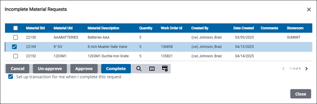 Manage Incomplete Material Requests